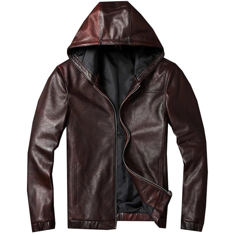 Mens Bowie Simple Genuine Lambskin Leather Hooded Bomber Jacket ...